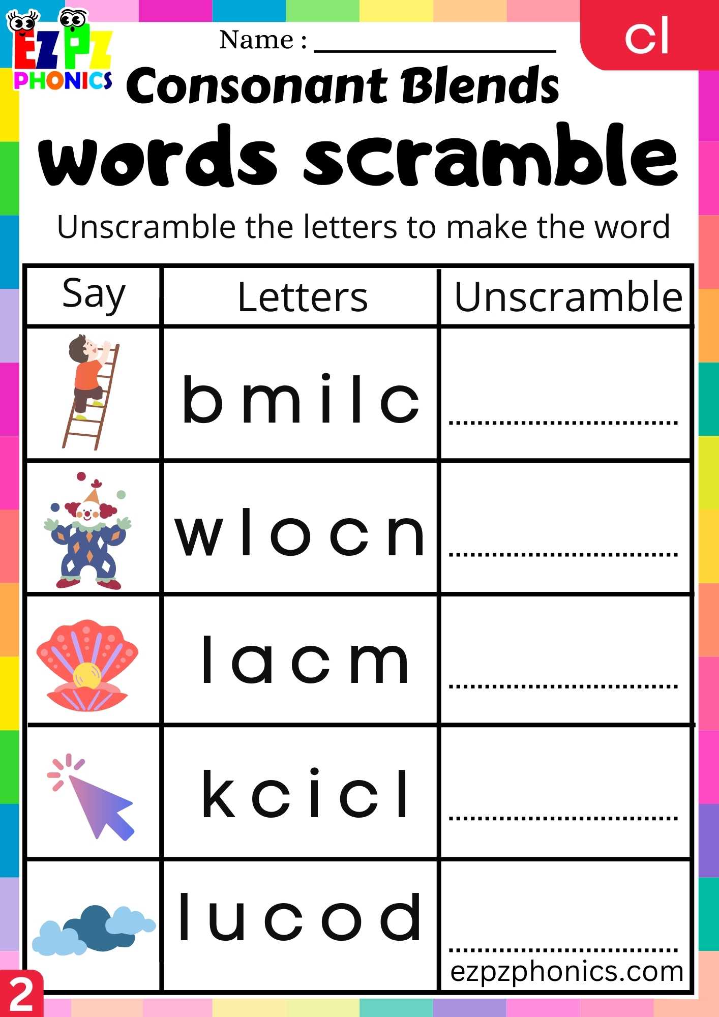 Group2 CL Words Words Scramble Phonics Consonant Blends Worksheet group2-cl-words-words-scramble-phonics-consonant-blends-worksheet